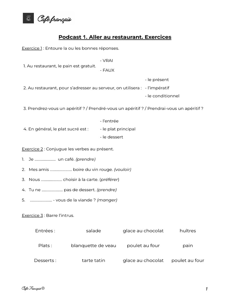 Exercices au Restaurant en PDF | PDF