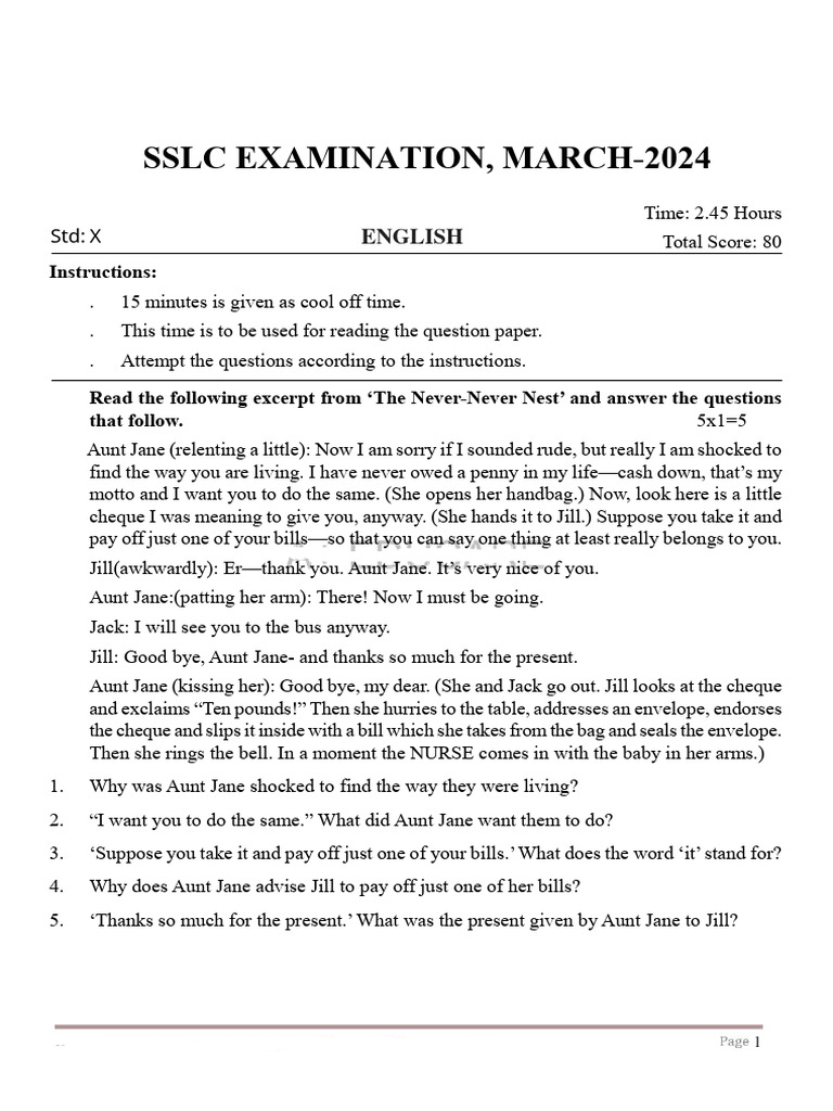 SSLC English Model Question Paper 2024 | PDF | Poetry