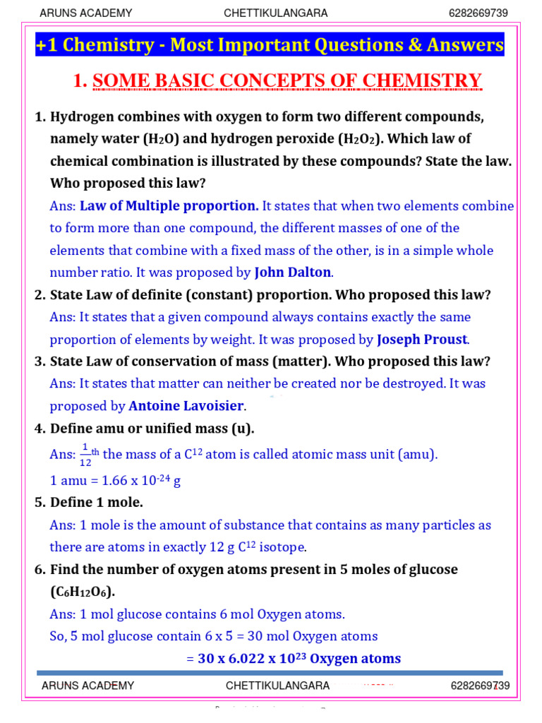 Important Chemistry Questions & Answers | PDF | Acid | Photoelectric Effect
