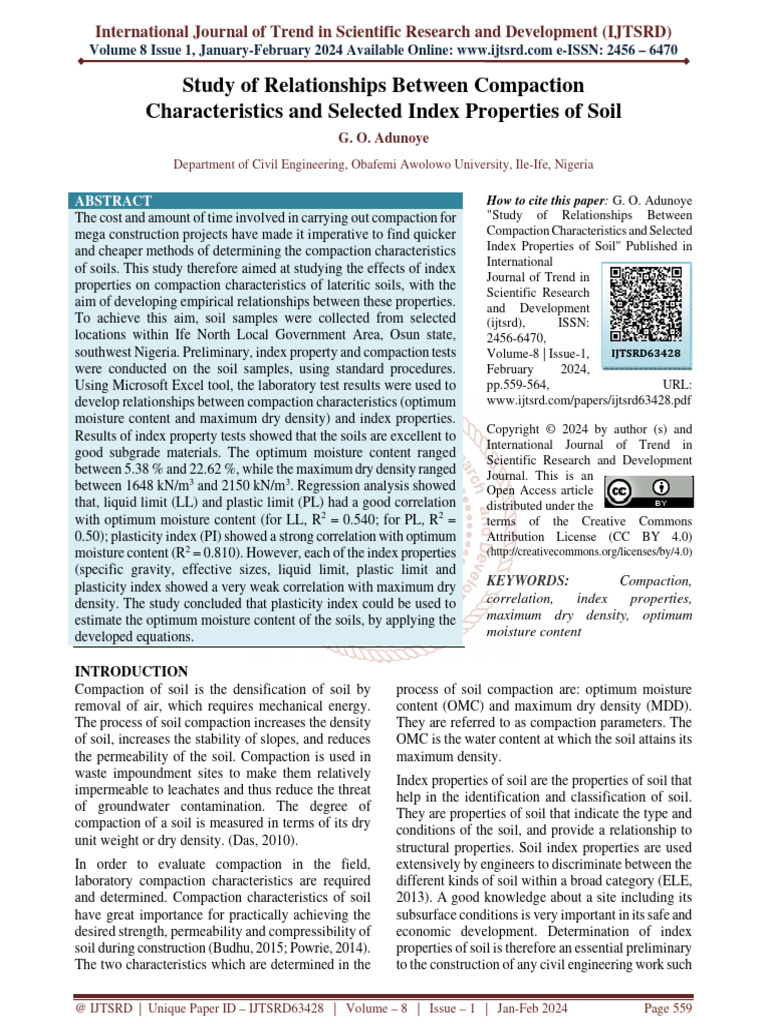 Study of Relationships Between Compaction Characteristics and Selected Index Properties of Soil ...