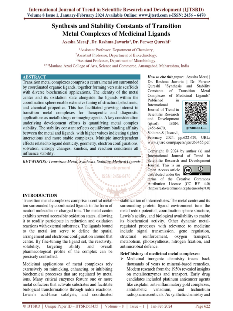 Synthesis and Stability Constants of Transition Metal Complexes of ...