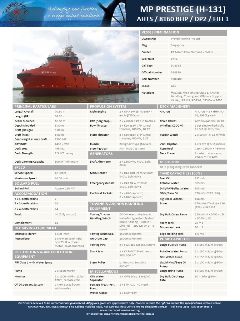 MP Prestige AHTS Vessel Specifications | PDF | Anchor | Shipping