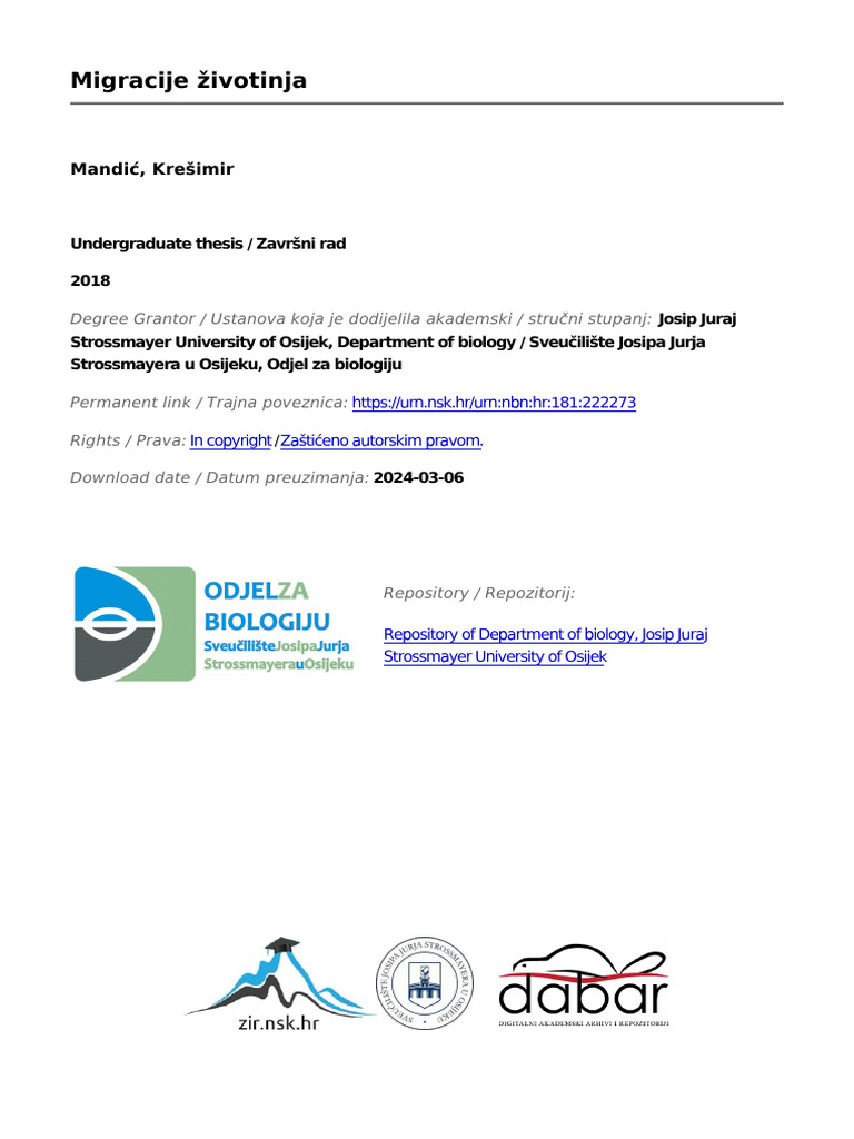 Migracije Zivotinja Kresimir Mandic | PDF