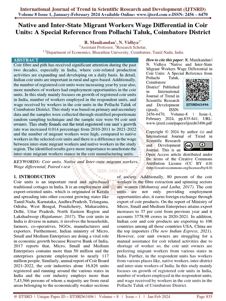 Native and Inter State Migrant Workers Wage Differential in Coir Units ...