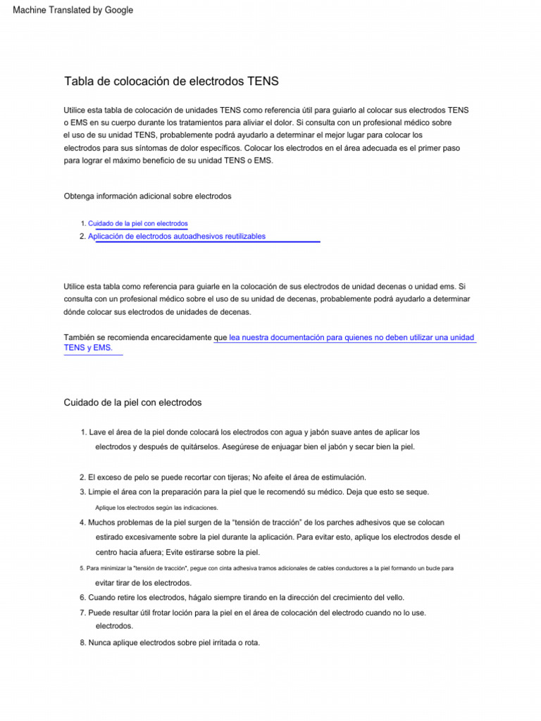 TENS Electrode Placement Chart User Manual | PDF