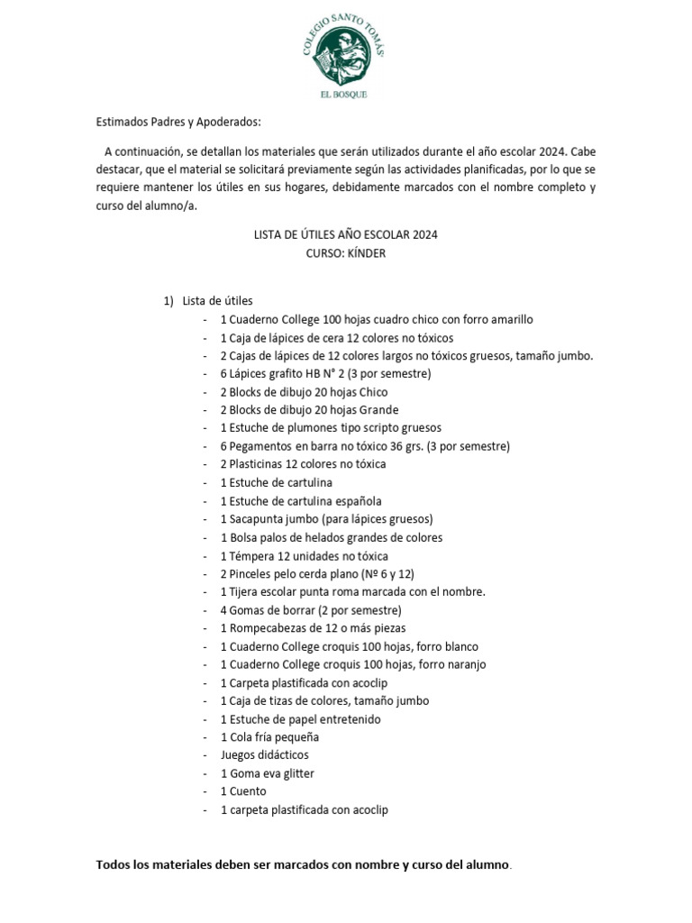 002 Lista Utiles Kinder 2024 | PDF | Lápiz | Materiales de Conservación ...