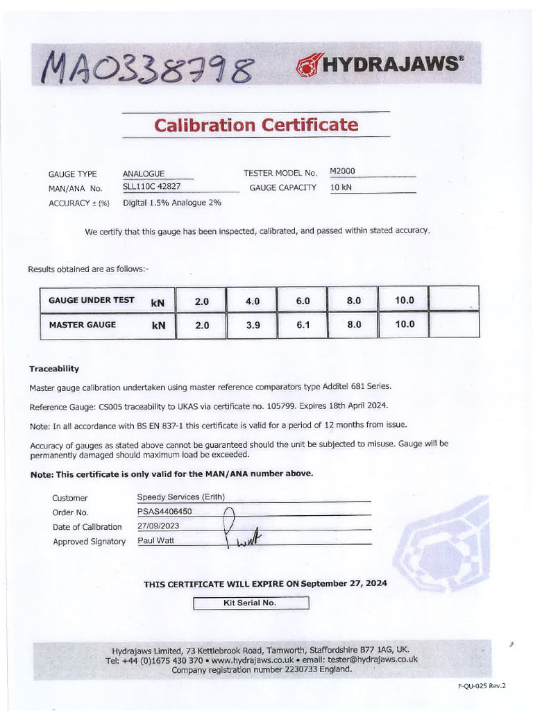 MA0338798 Calibration Cert | PDF