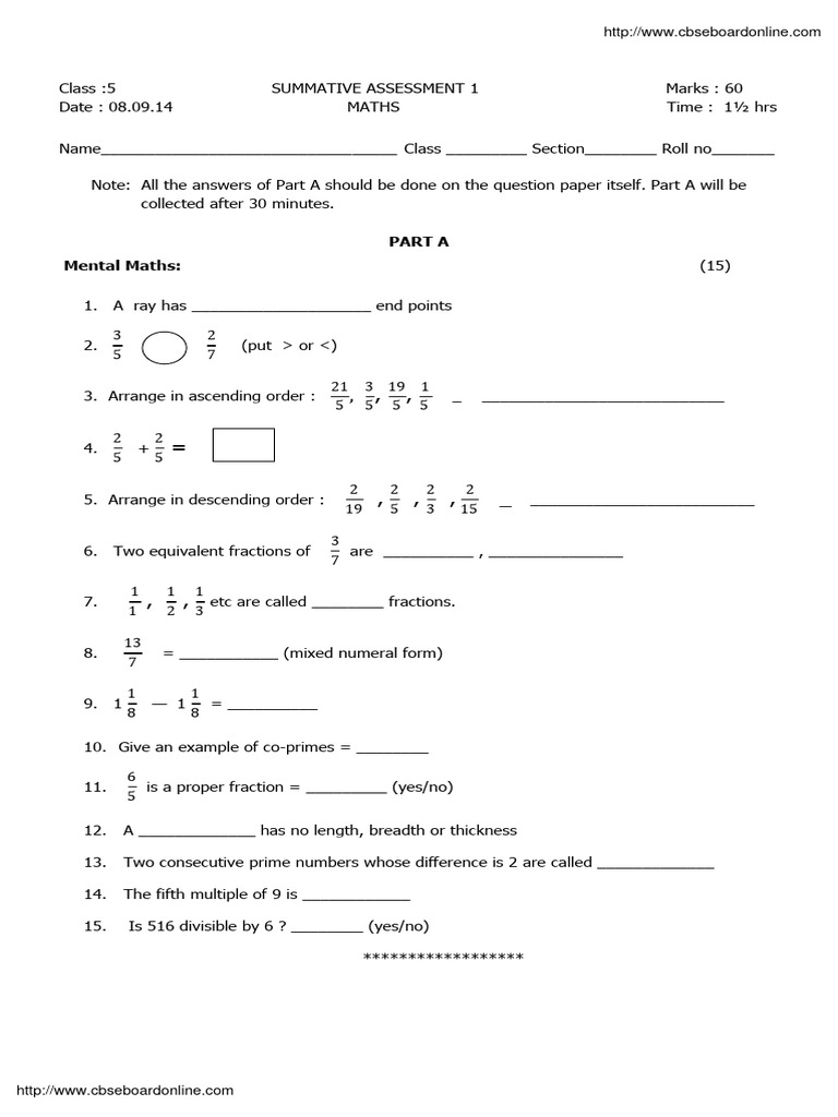 Cbse Class 5 Sa1 Mathematics 2015 | PDF | Mathematics | Science