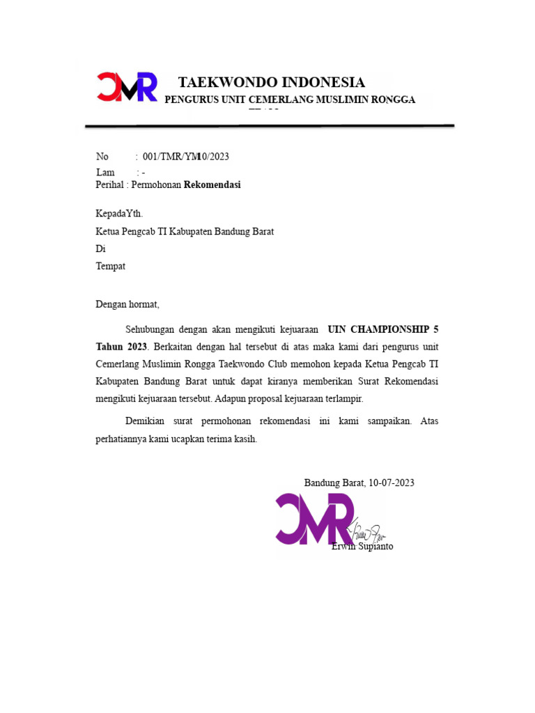 Permohonan Rekomendasi Ke Pengcab Ti KBB | PDF