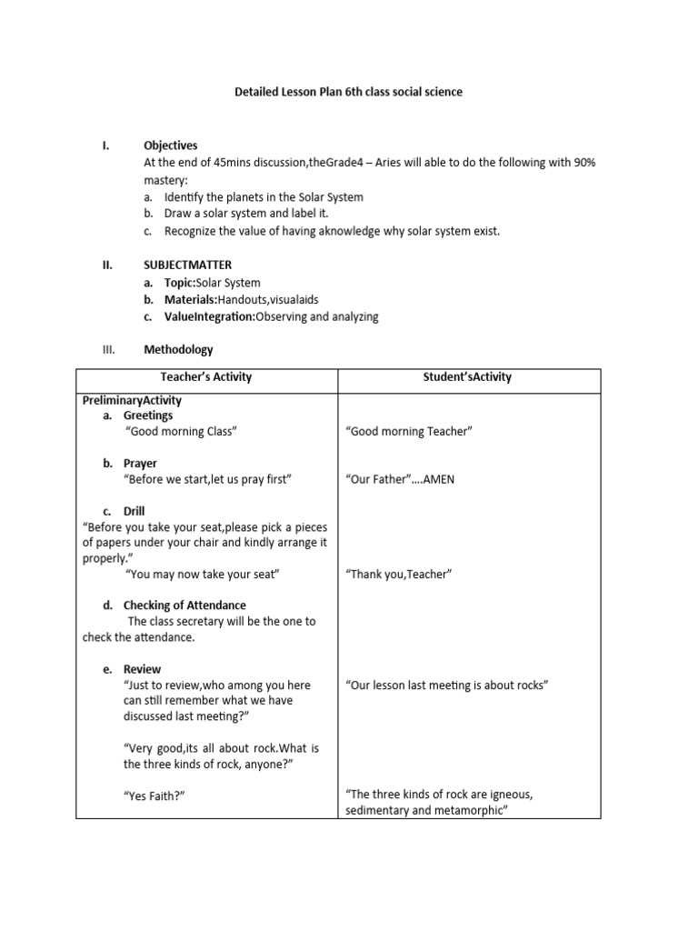 6th SST Detailed Lesson Plan227 | PDF | Planets | Solar System