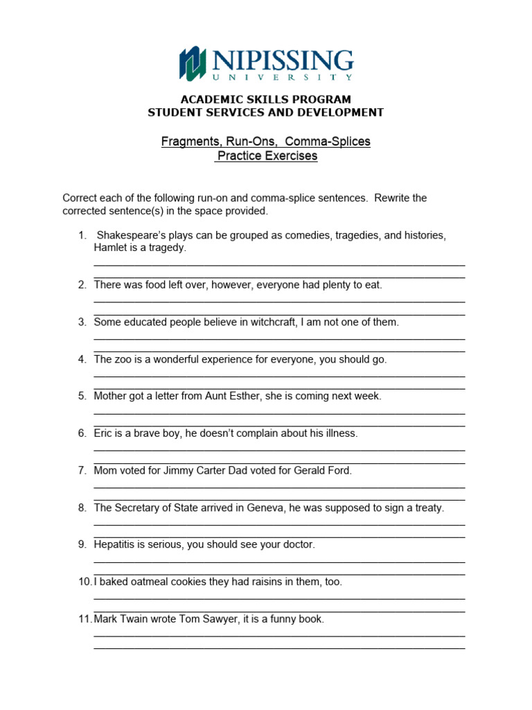 Fragments, Run-Ons, Comma-Splices Practice Exercises: Academic Skills ...