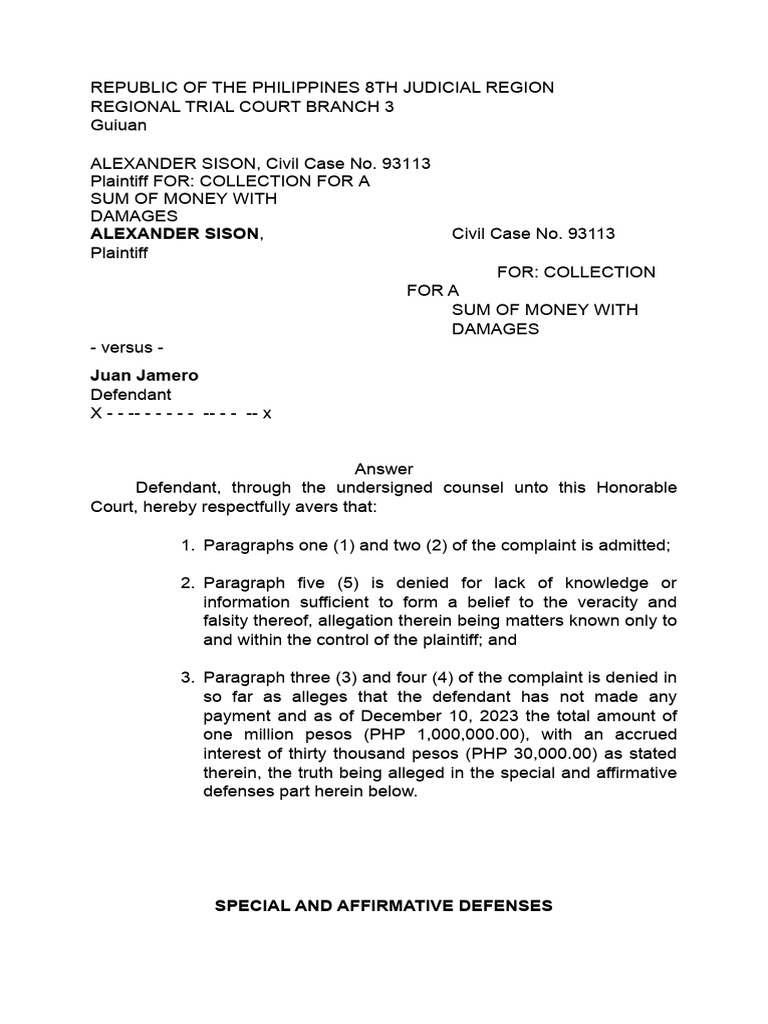 Defendant's Answer in Money Collection Case | PDF | Lawsuit | Legal Remedy