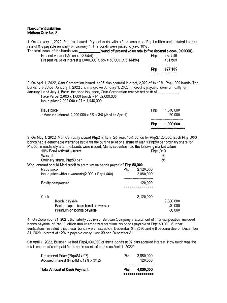 ACT1106 - Midterm Quiz No. 2 With Answer | PDF | Bonds (Finance) | Book Value