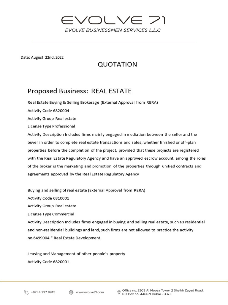 Real Estate Business Setup Quotation | PDF | Real Estate Appraisal | Property Law