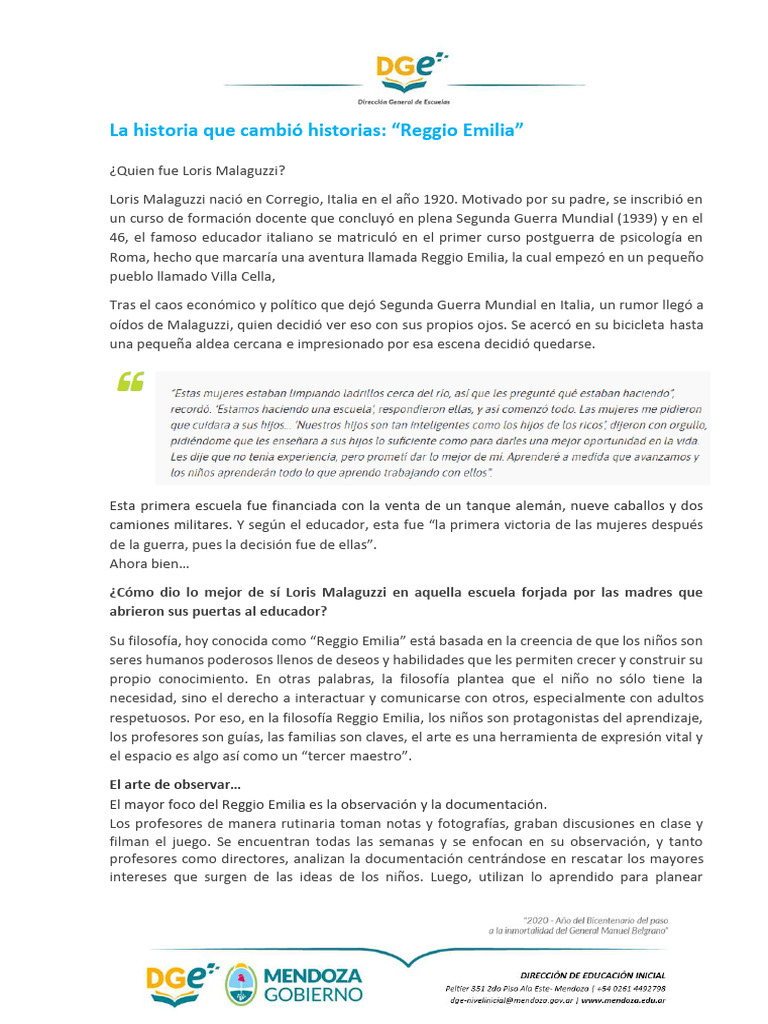 La Historia Que Cambió Historias - Reggio Emilia | Descargar gratis PDF | Enseñando | Aprendizaje