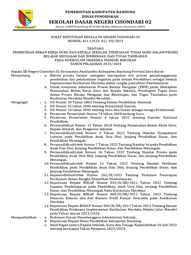 SK PBM KURIKULUM MERDEKA MANDIRI BERUBAH 2023-2024 | PDF