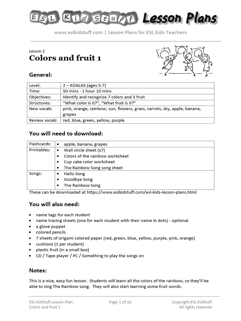Level 2 - Lesson 2 - Colors & Fruit | PDF | Lesson Plan | English As A ...