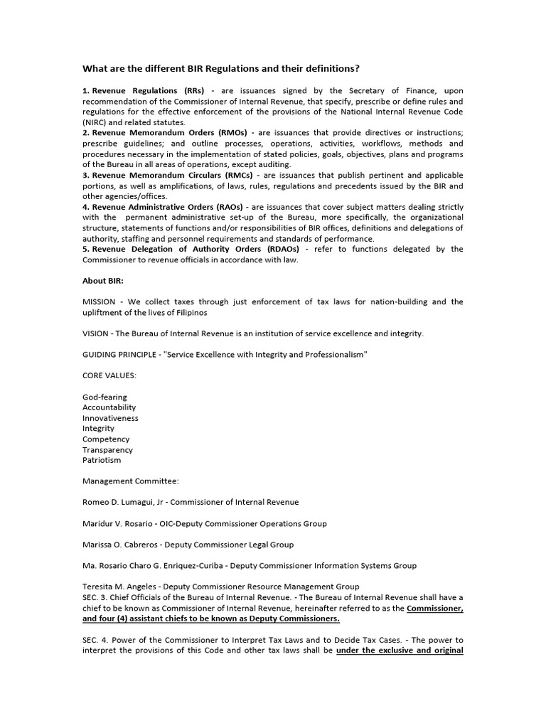 BIR Regulations and Definitions Guide | PDF | Taxes | Police Power ...