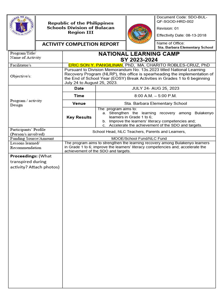 National Learning Camp Activity Report | PDF | Education Theory ...