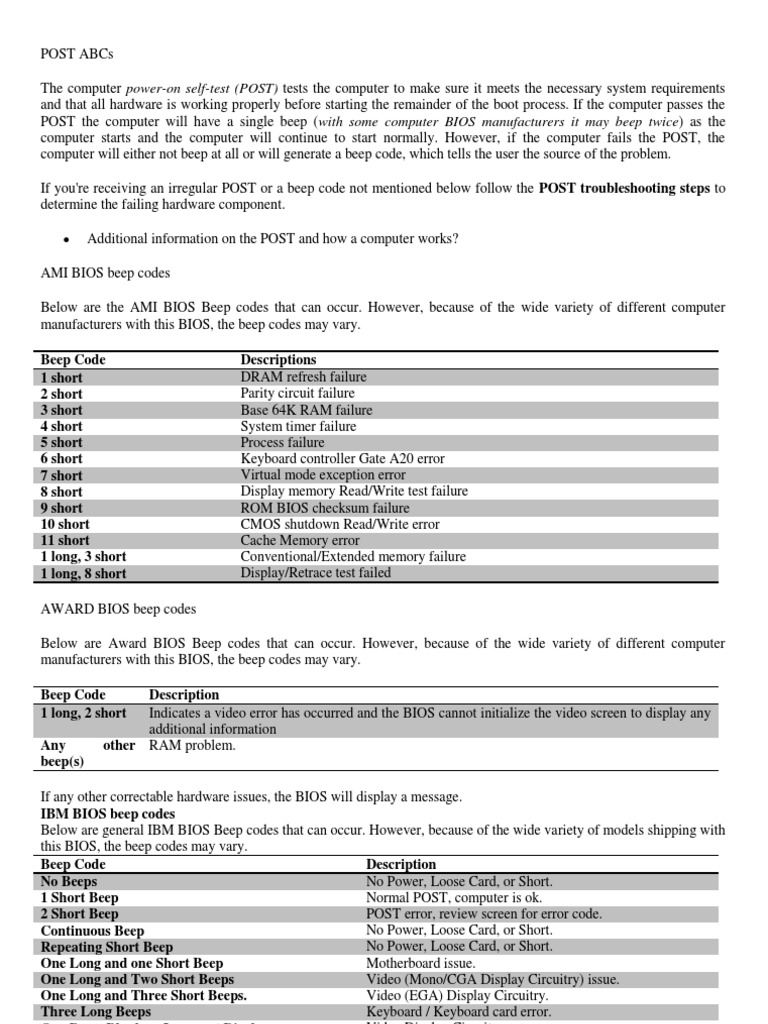 Computer POST or Beep Codes | PDF | Bios | Booting