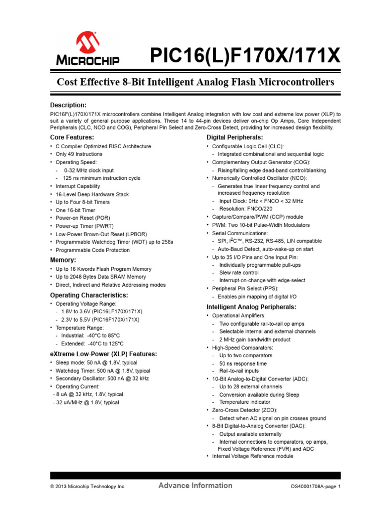 PIC16 (L) F170X/171X: Cost Effective 8-Bit Intelligent Analog Flash ...