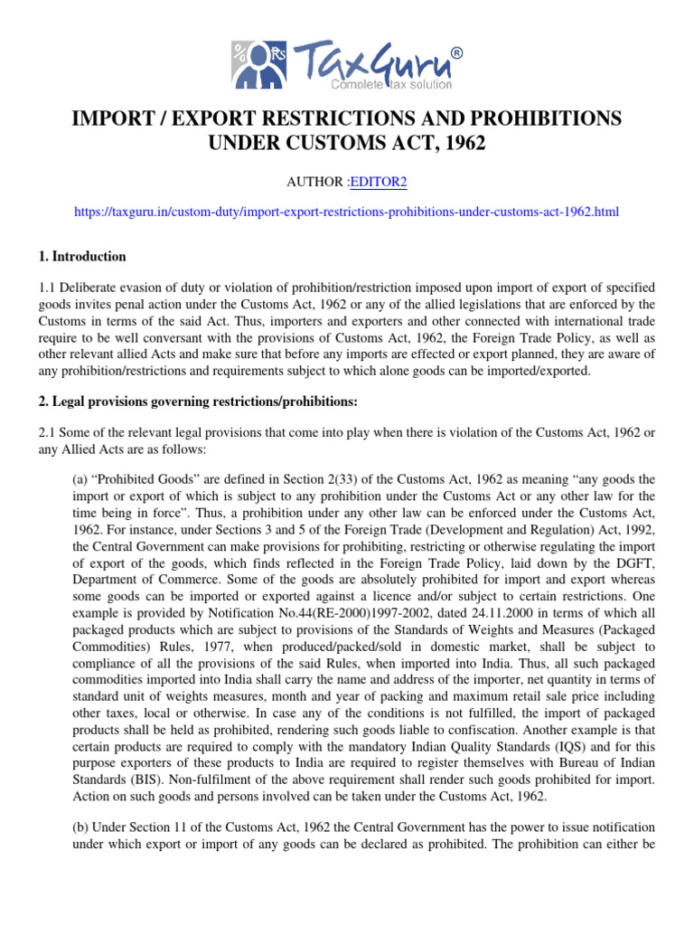 Export Restrictions and Prohibitions Under Customs Act, 1962 - Taxguru ...