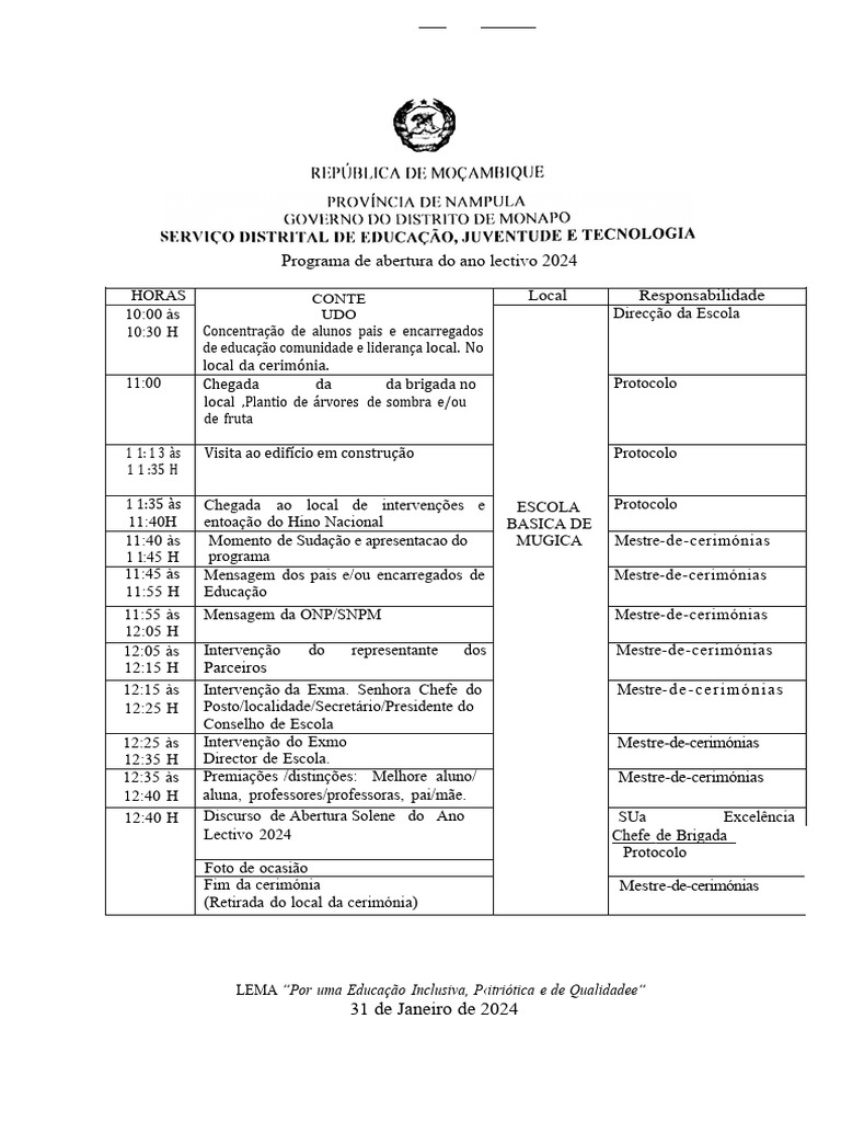 Programa para Abertura Do Ano Lectivo Escolar 2024 | PDF
