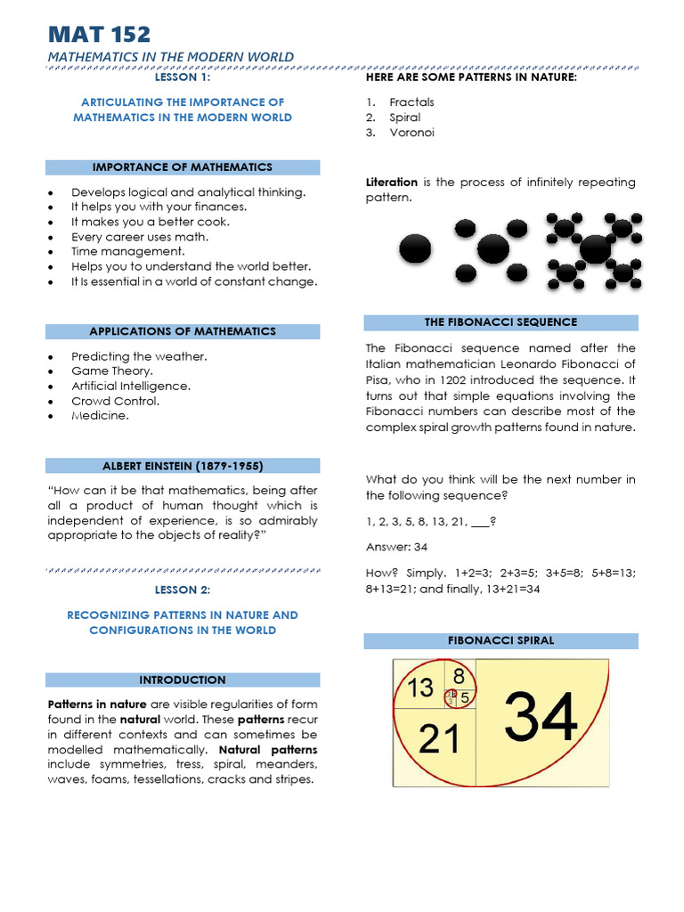 Mat 152 P1 Reviewer (Lesson 1 7) | PDF | Mathematics | Pattern