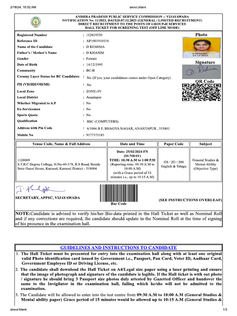 appsc hallticket | PDF
