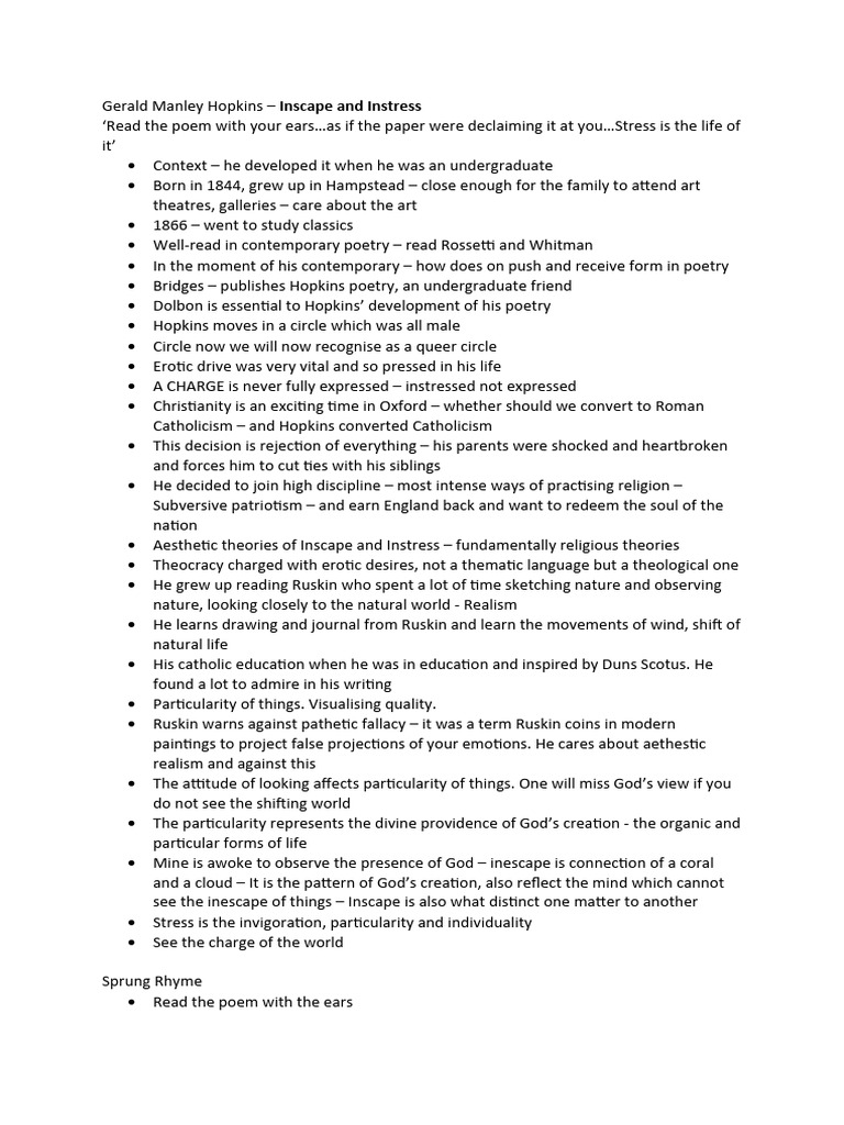 Gerald Manley Hopkins Notes | PDF Gerald Manley Hopkins Notes | PDF