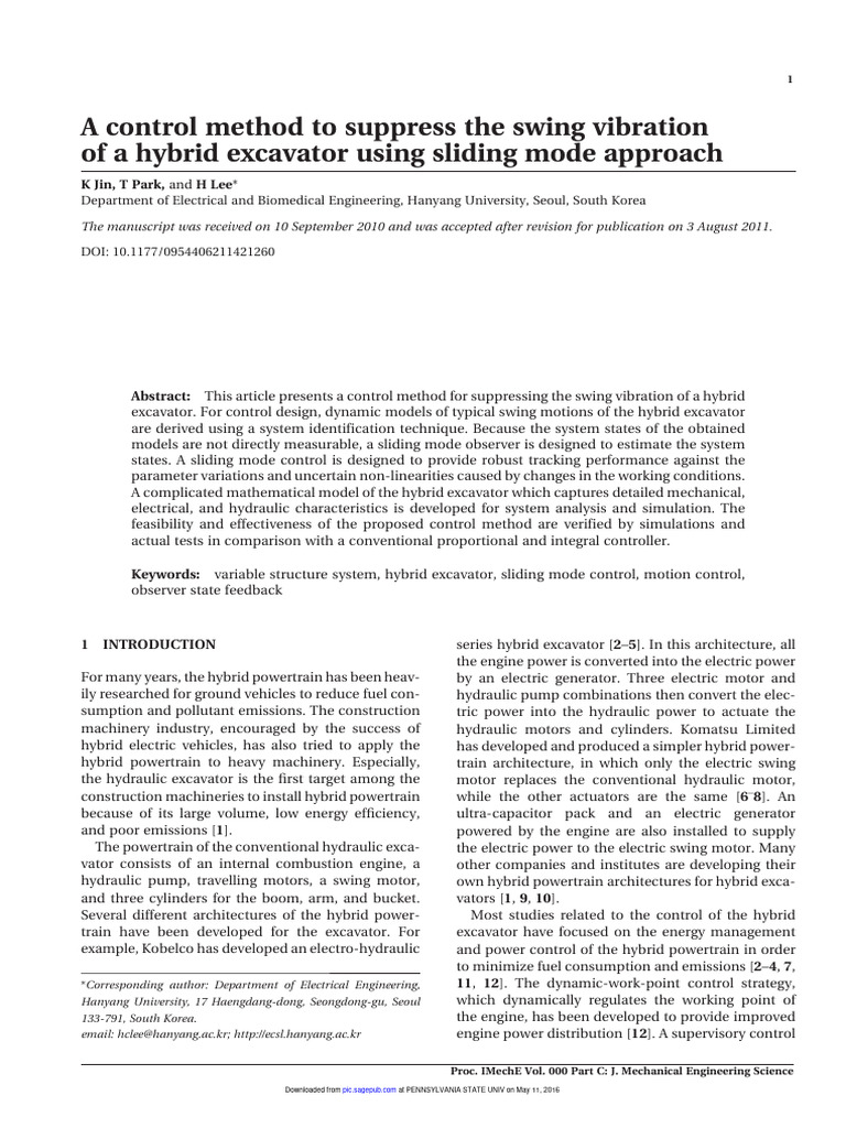 A Control Method To Suppress The Swing Vibration of A Hybrid Excavator ...