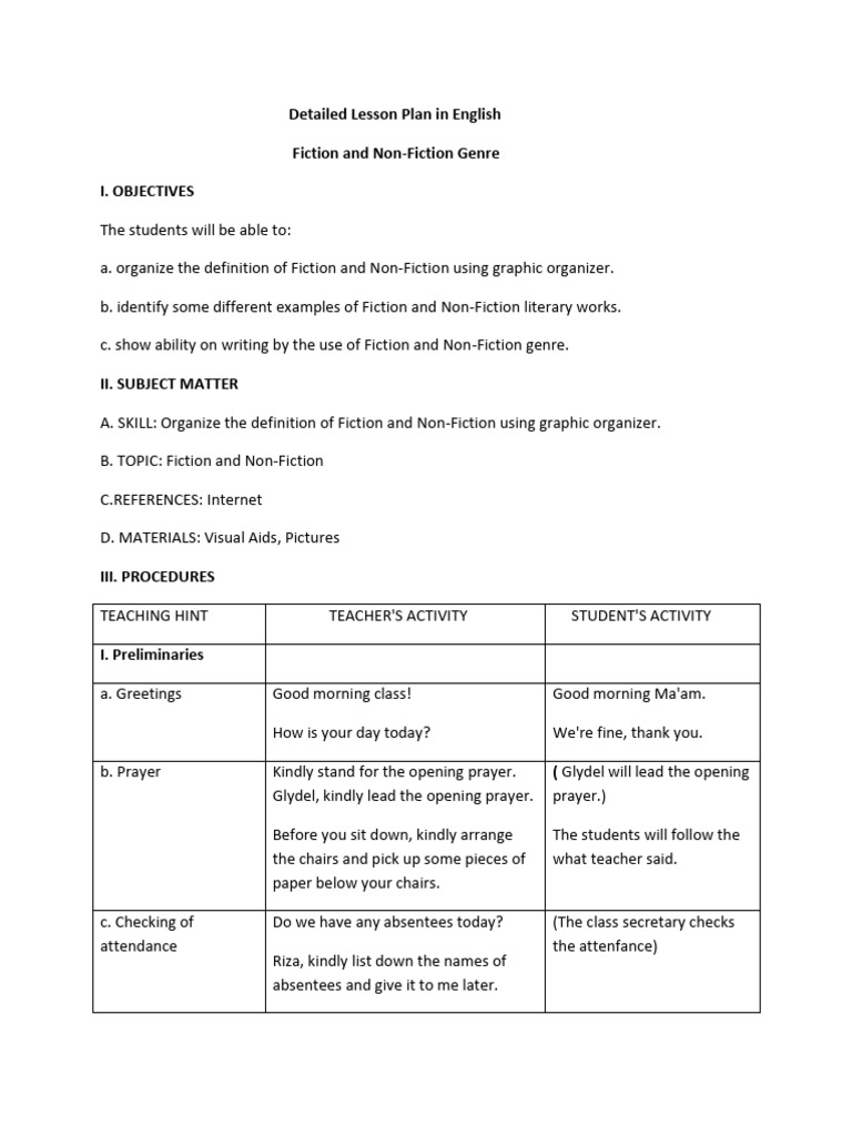 Fiction vs Non-Fiction Lesson Plan | PDF | Non Fiction | Lesson Plan