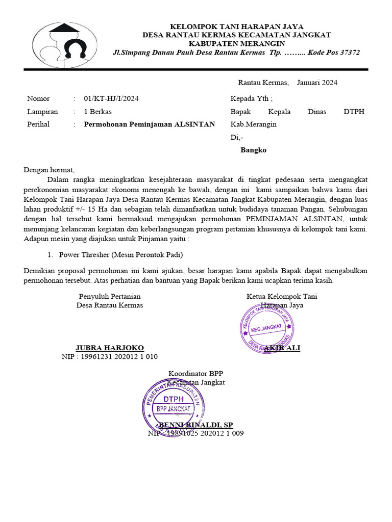 Proposal Peminjaman Alsintan Perontok Poktan Harapan Jaya | PDF