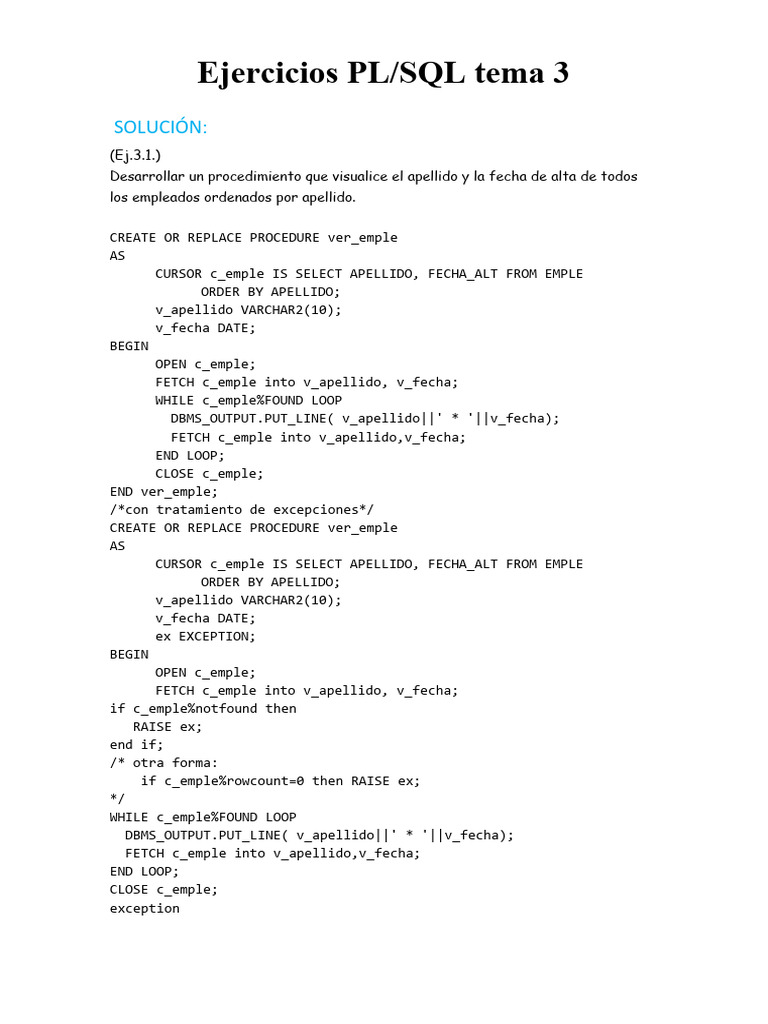 Ejercicios Tema3 PLSQL - SOLUCION | Descargar gratis PDF | Pl / Sql | Datos