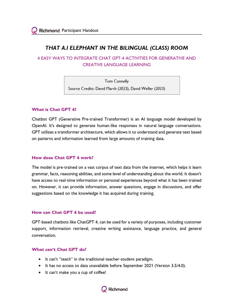 Tom Connelly-Richmond Chat GPT Handout | PDF | Reading Comprehension | Vocabulary