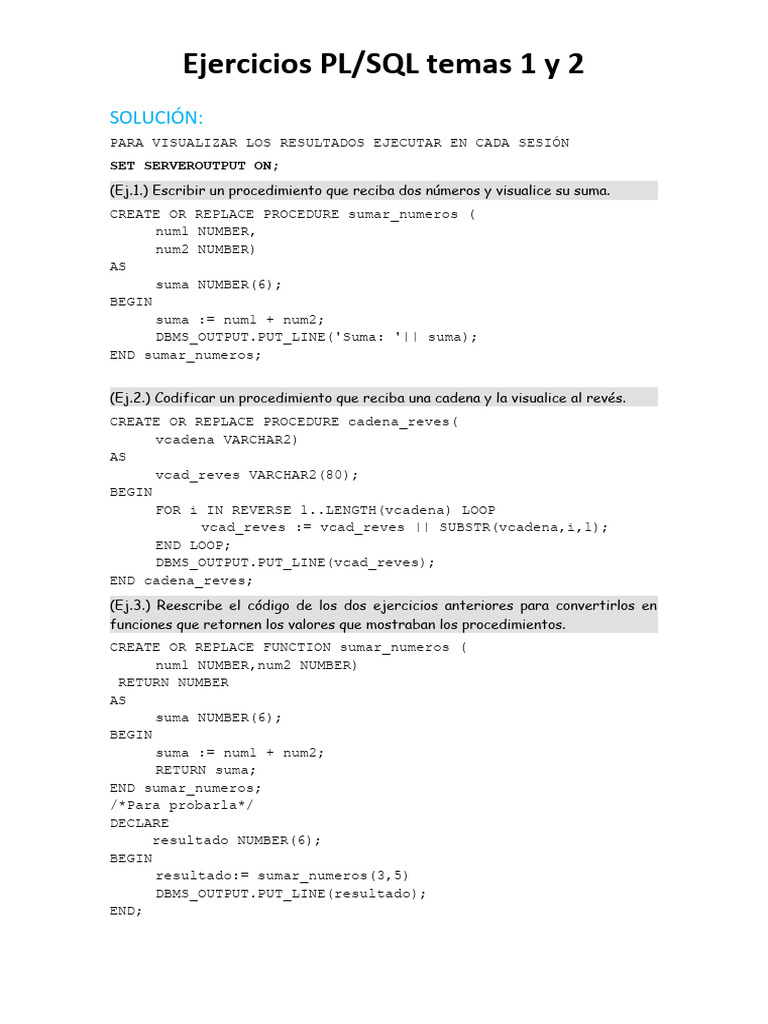 Ejercicios Tema2 PLSQL - SOLUCION | Descargar gratis PDF | Pl / Sql | Software de gestión de datos