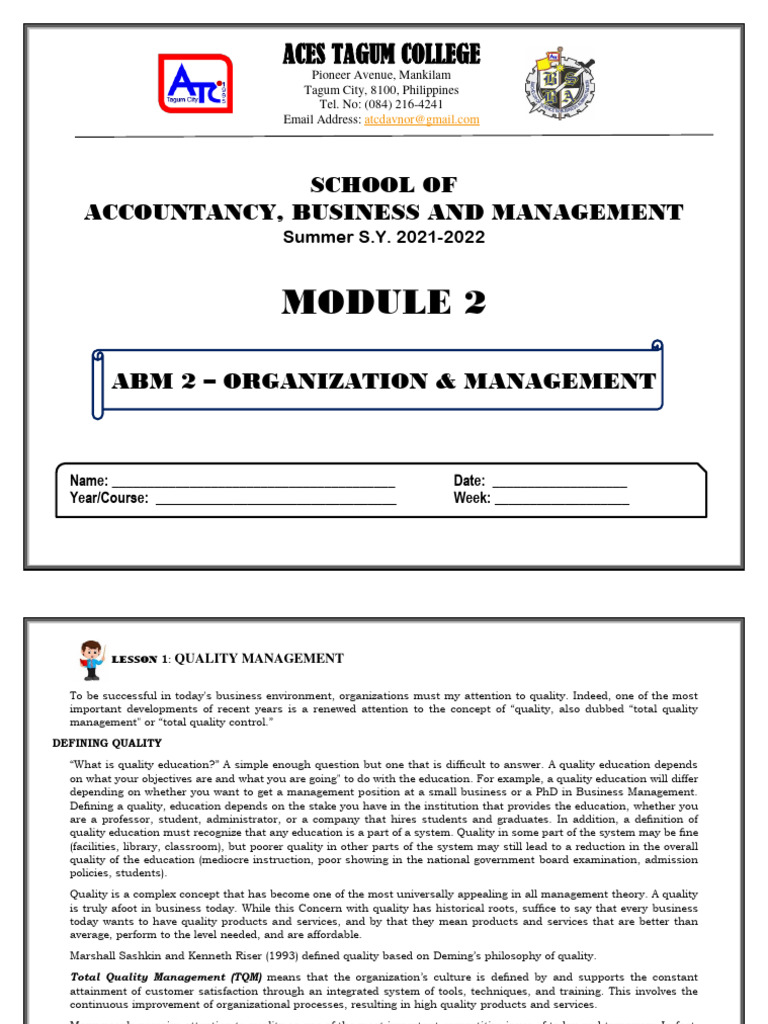 ABM 2 - MODULE 2 - Lesson | PDF | Quality Management | Business Process