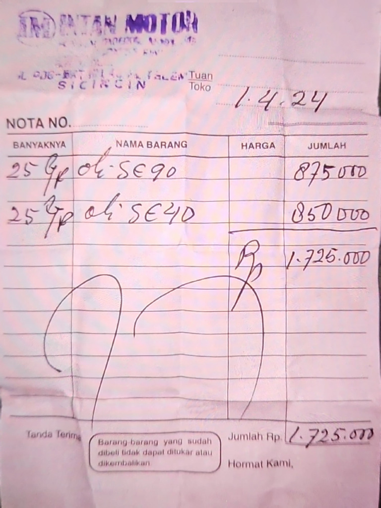 01-03-2024 - 5 Nota Toko Intan Motor (25 LTR Oli SE 90 & 25 LTR Oli SE ...