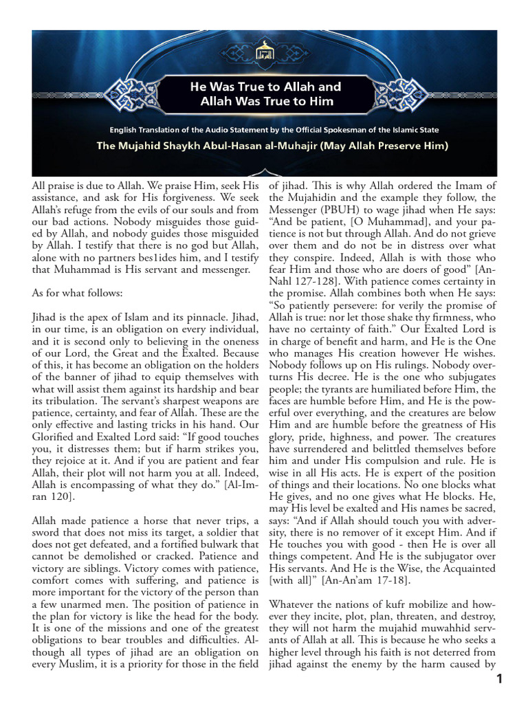19 03 18 He Was True To Allah Shaykh Abul Hasan Muhajir EN | PDF | Jihad | Muhammad