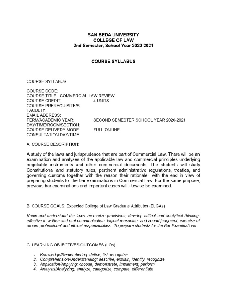 Commercial Law Review Syllabus 2020-2021 | PDF | Corporations | Insurance