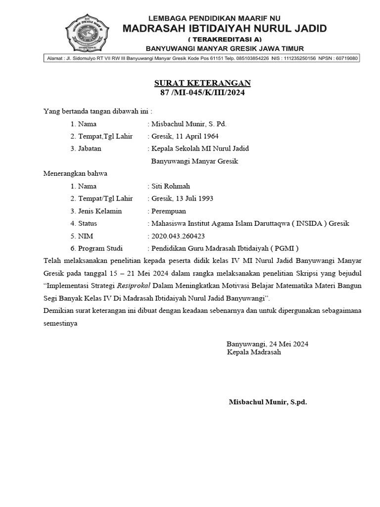Surat Keterangan Penelitian INSIDA Gresik | PDF