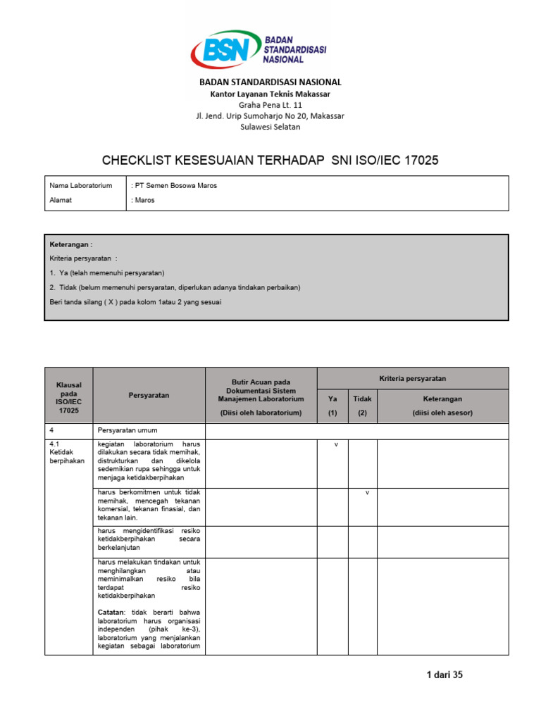 Contoh Ceklist 17025 | PDF