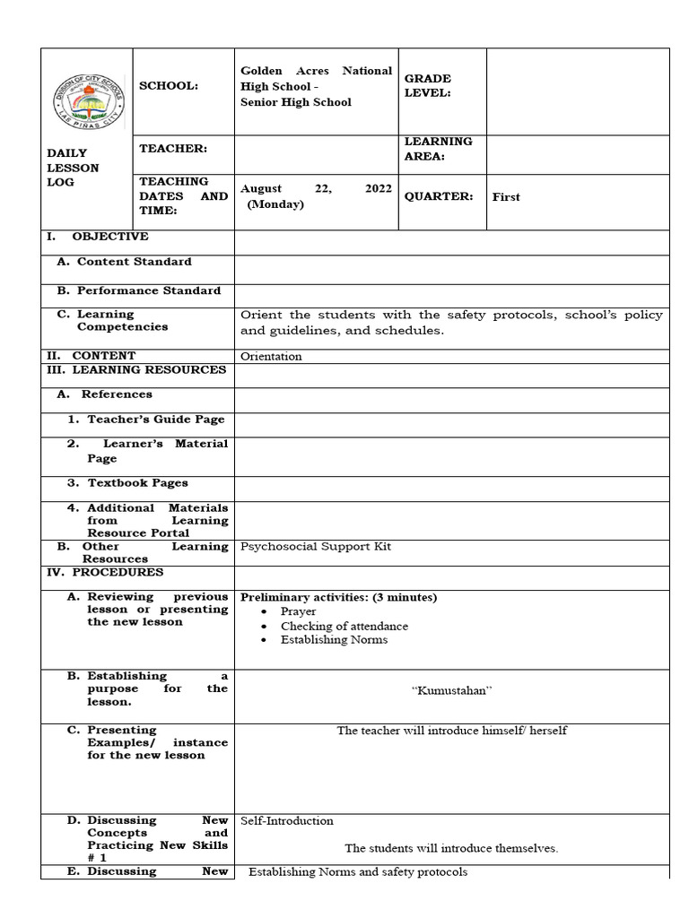 DLL For The First Day of Class | PDF | Learning | Teachers