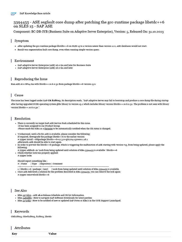 ASE Segfault Core Dump After Patching The Gcc-Runtime Package Libstdc++6 On Sles 15 - Sap Ase ...