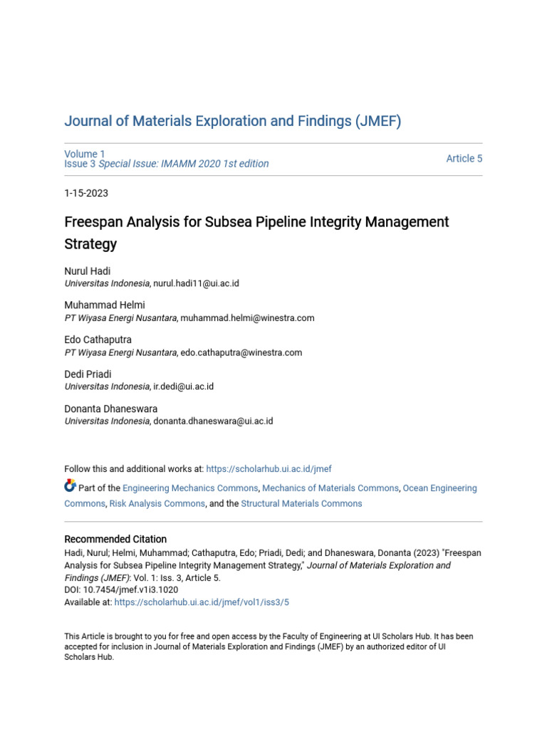 Freespan Analysis For Subsea Pipeline Integrity Management Strategy ... Freespan Analysis For Subsea Pipeline Integrity Management Strategy ...