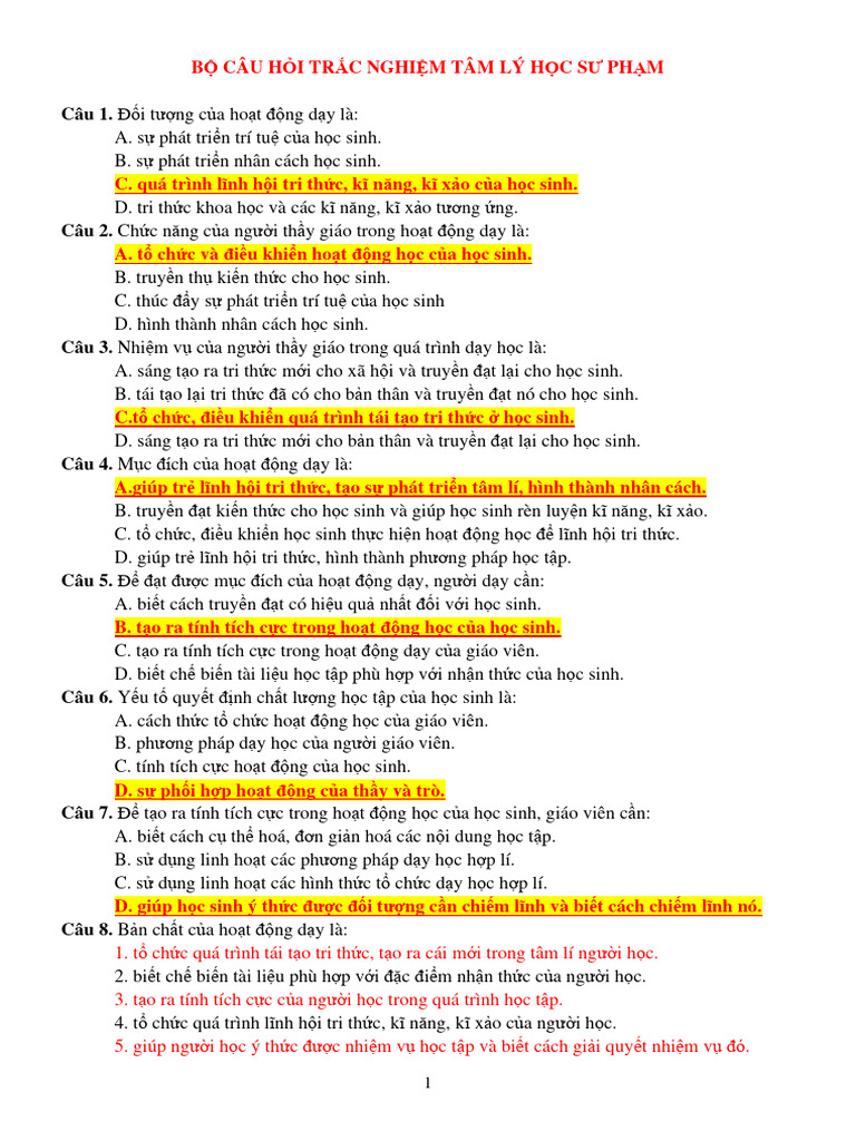 Bo Cau Hoi Trac Nghiem Tam Ly Hoc Su Pham | PDF