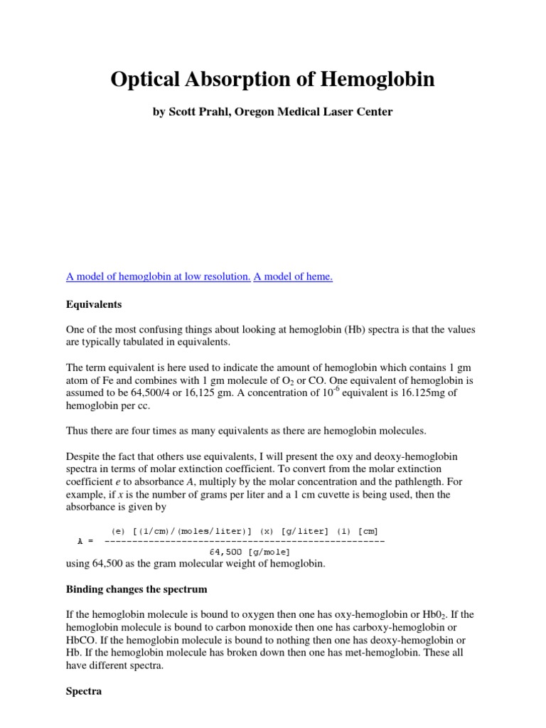 Optical Absorption of Hemoglobin | PDF | Hemoglobin | Physical Sciences