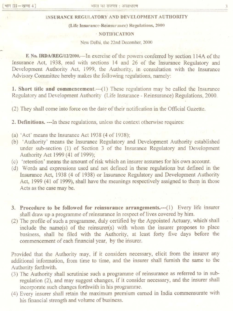 IRDA (Life Insurance - Reinsurance) Regulations, 2000 | PDF | Insurance ...