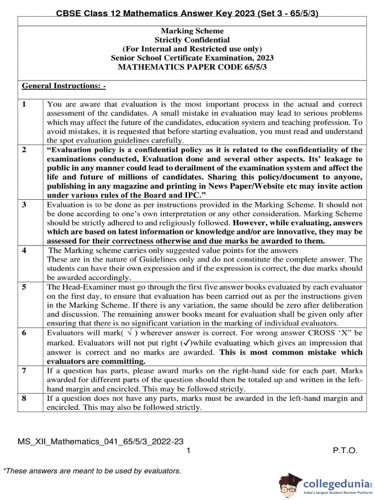 CBSE Class 12 Mathematics Answer Key 2023 Set 3 65-5-3 | PDF CBSE Class 12 Mathematics Answer Key 2023 Set 3 65-5-3 | PDF