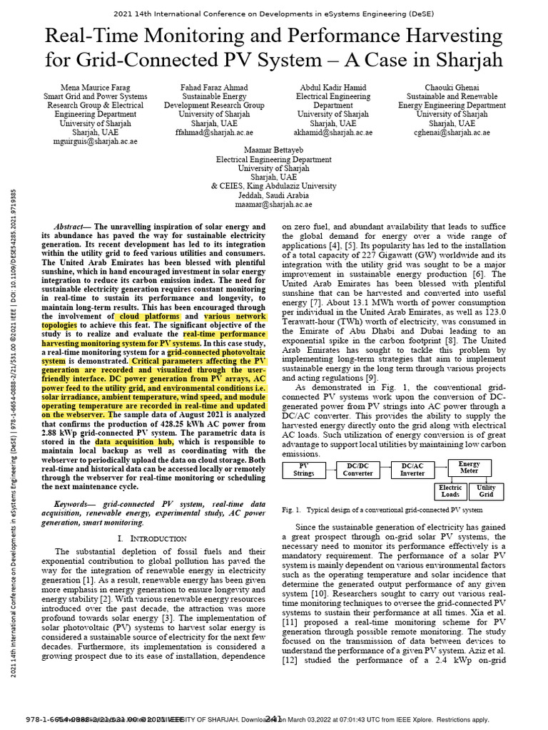 Real-Time Monitoring and Performance Harvesting For Grid-Connected PV ...
